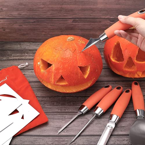 Aichoof Pumpkin Carving Kit, Set of 11 Included 5pcs Pumpkin Carving Tool, 5pcs Pattern Stencils and Drawstring Storage Bag,Stainless Steel Blade with Soft Grip Handle,Gift Box Package,Dishwasher safe