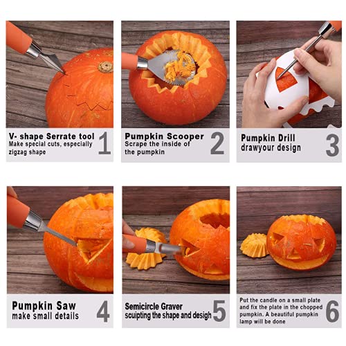 Aichoof Pumpkin Carving Kit, Set of 11 Included 5pcs Pumpkin Carving Tool, 5pcs Pattern Stencils and Drawstring Storage Bag,Stainless Steel Blade with Soft Grip Handle,Gift Box Package,Dishwasher safe