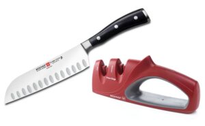 wusthof classic ikon santoku with red 2-stage asian edge sharpener, 7 inch