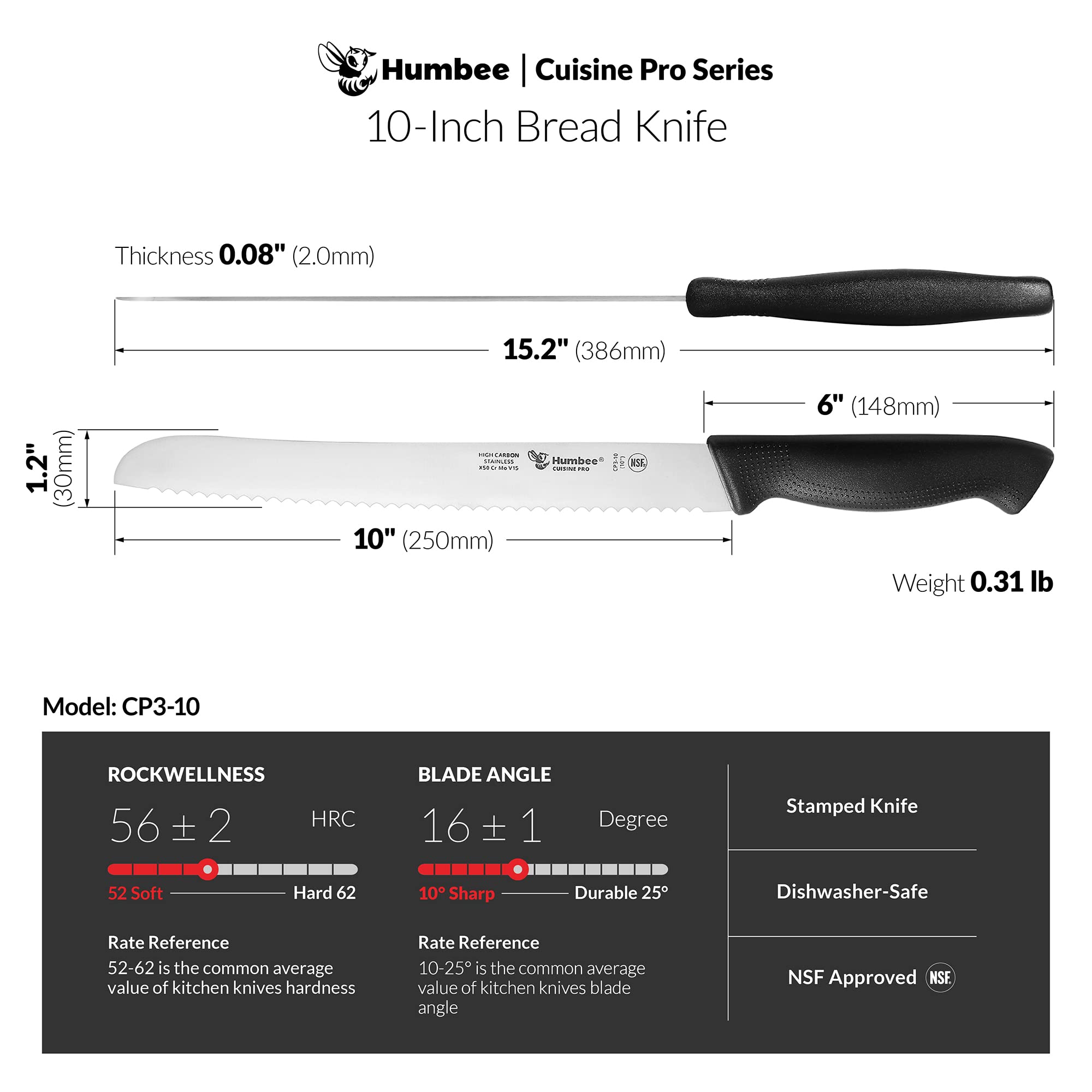 HUMBEE Cusine Pro, 10 inch Bread Knife, Serrated Knife Wave Razor-Sharp Blade Comfortable Grip Dishwasher Safe, NSF Certified