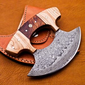 handmade damascus chef kitchen ulu knife making custom 100% handmade damascus steel handle koa wood with leather sheath b41