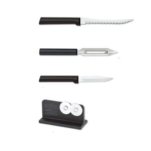 Rada Cutlery Top Seller’s Kit Knives – Includes Paring Knife, Tomato Slicer, Vegetable Peeler With Black Stainless Steel Resin Handles Plus Quick Edge Knife Sharpener