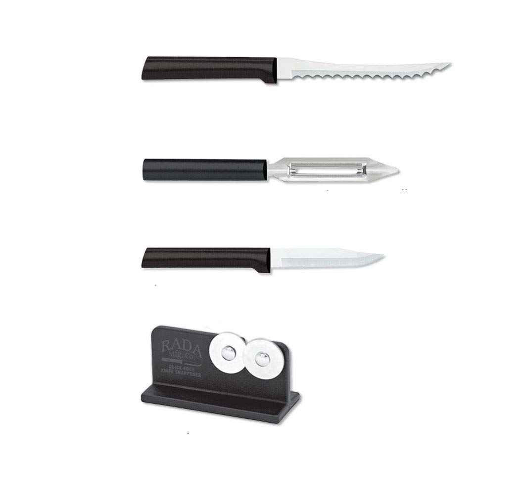 Rada Cutlery Top Seller’s Kit Knives – Includes Paring Knife, Tomato Slicer, Vegetable Peeler With Black Stainless Steel Resin Handles Plus Quick Edge Knife Sharpener