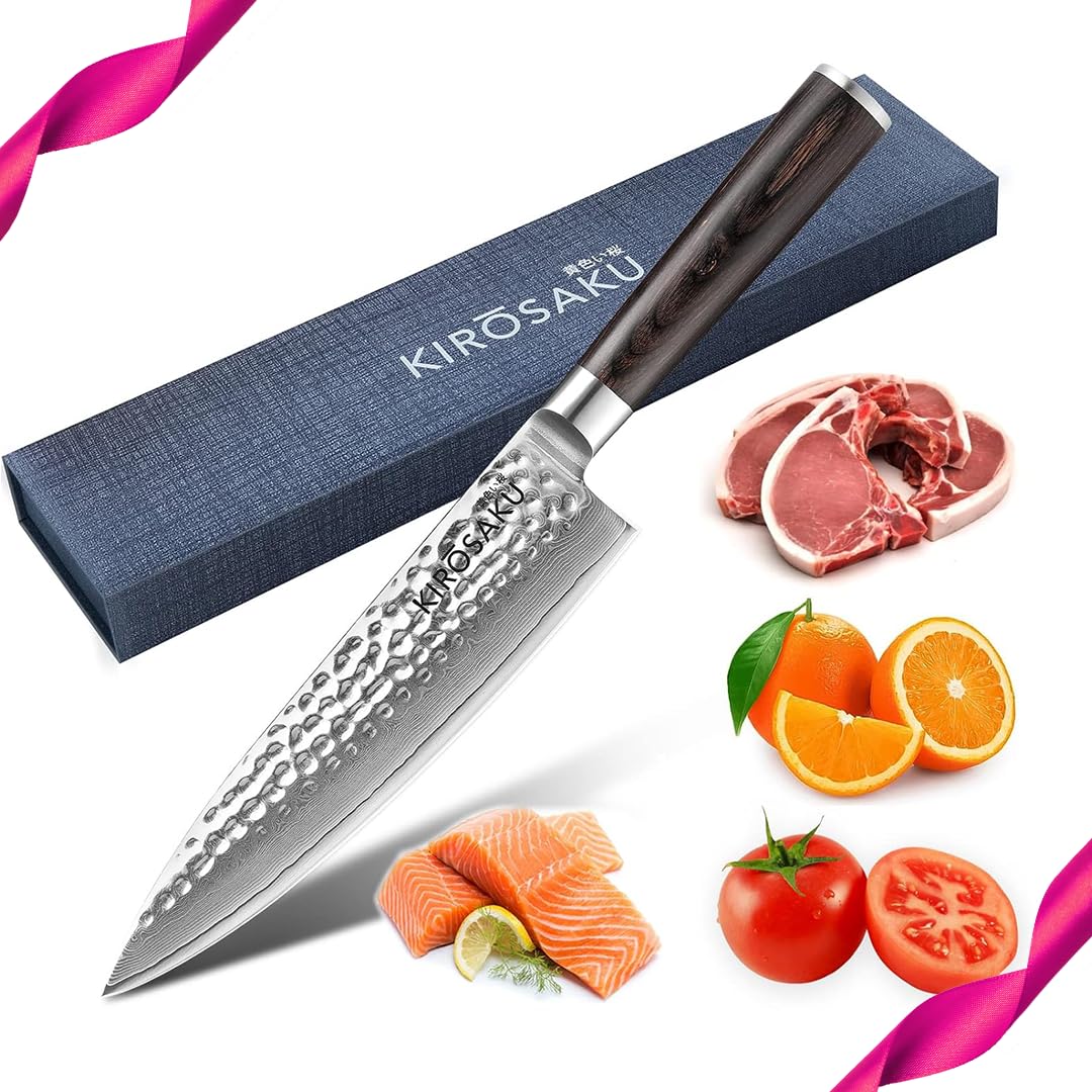 Kirosaku Premium Santoku Knife Damascus 20cm - Enormously Sharp Santoku Chef's Knife Made of The Best Damascus Steel - Damascus Kitchen Knife for a Fantastic Cutting Experience