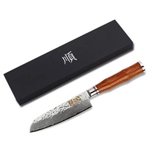 Sunlong Santoku 5 inch Chef's Knives Japanese Hammered Damascus Natural Bloodwood Handle