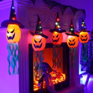 pxwodoft halloween pumpkin lights,10ft battery operated 5 leds halloween decorations outdoor indoor string lights, scary hanging lighted ghost wizard hat decoration for patio garden home party decor