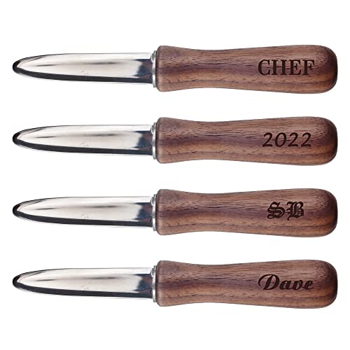 Sabo Personalized Oyster Shucking Knife Custom Engraved Clam Knife with Stainless Steel Blade and Wooden Handle Grip Set of 4