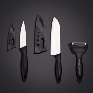 wolfland 3 pieces kitchen knife set 3.5” paring knife 7” santoku knife w/protective covers and peeler stainless steel blade and ergonomic black handle