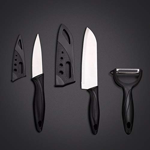 WOLFLAND 3 Pieces Kitchen Knife Set 3.5” Paring knife 7” Santoku Knife w/Protective Covers and Peeler Stainless Steel blade and Ergonomic Black Handle