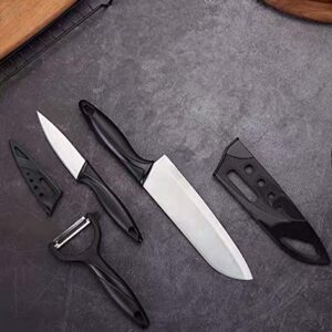 WOLFLAND 3 Pieces Kitchen Knife Set 3.5” Paring knife 7” Santoku Knife w/Protective Covers and Peeler Stainless Steel blade and Ergonomic Black Handle