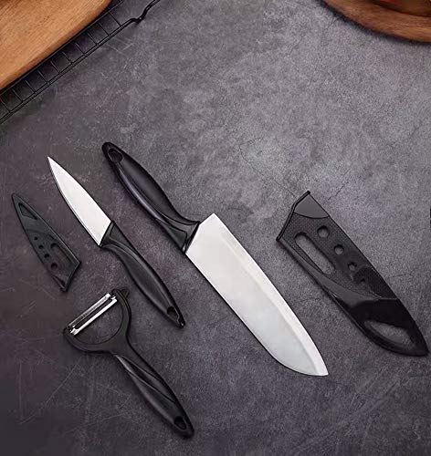 WOLFLAND 3 Pieces Kitchen Knife Set 3.5” Paring knife 7” Santoku Knife w/Protective Covers and Peeler Stainless Steel blade and Ergonomic Black Handle