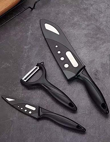 WOLFLAND 3 Pieces Kitchen Knife Set 3.5” Paring knife 7” Santoku Knife w/Protective Covers and Peeler Stainless Steel blade and Ergonomic Black Handle