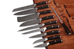 randy handmade damascus kitchen chef knife set - professional damascus steel knife set - 10 pcs japanese damascus knife set with leather bag/case(10801)