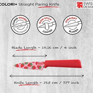 KUHN RIKON Funky Fruit Strawberry Colori+ Non-Stick Straight Paring Knife with Safety Sheath, Stainless Steel, 19 cm,