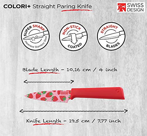 KUHN RIKON Funky Fruit Strawberry Colori+ Non-Stick Straight Paring Knife with Safety Sheath, Stainless Steel, 19 cm,