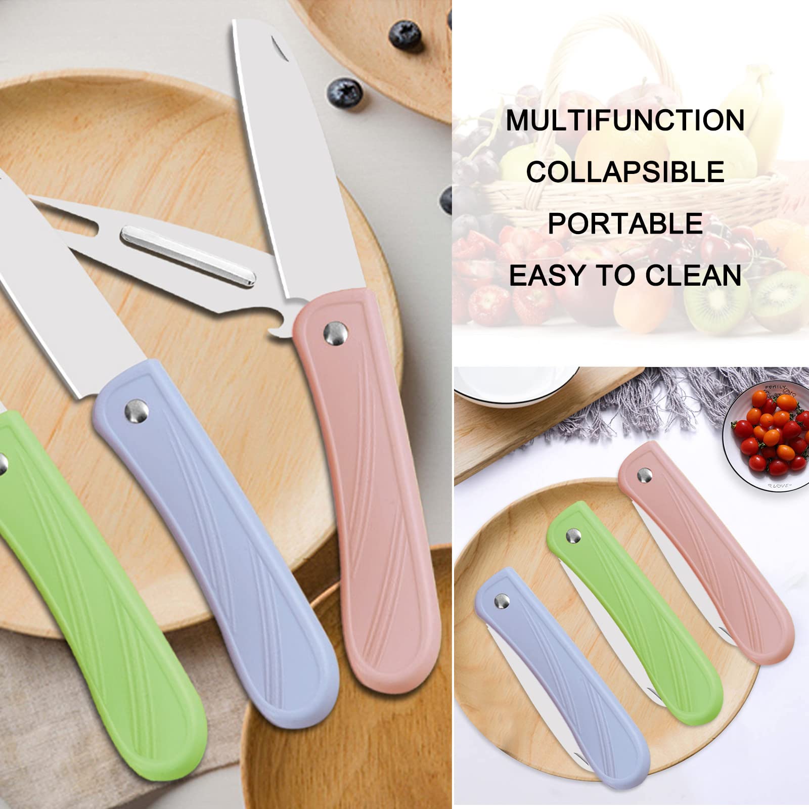 Paring Knife, 3 Pieces of Multifunction Fruit Knife, Exquisite and Beautiful, Small and Easy to Carry, Foldable Fruit Knife Suitable for Most Types of Vegetables,bread and Fruits( Pink, Blue, Green)