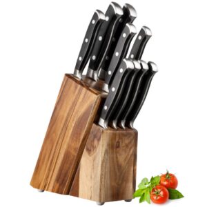 taylor's eye witness premier 9 piece kitchen knife wooden block set- paring, all purpose, cook's, santoku, bread & 4 steak knives in acacia wood holder. full-tang triple rivet. 15 year guarantee