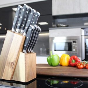 Taylor's Eye Witness Premier 9 Piece Kitchen Knife Wooden Block Set- Paring, All Purpose, Cook's, Santoku, Bread & 4 Steak Knives In Acacia Wood Holder. Full-Tang Triple Rivet. 15 YEAR GUARANTEE