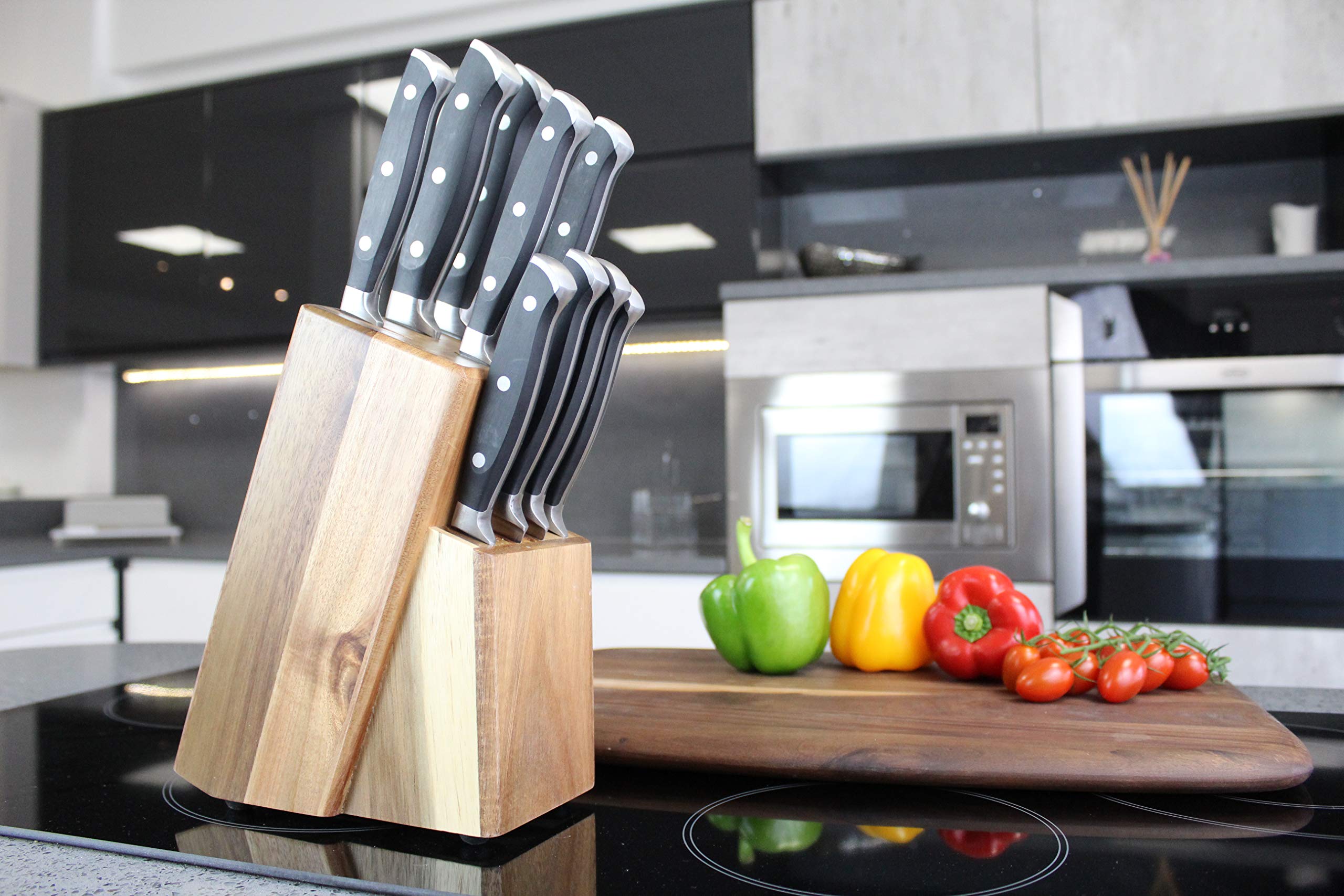 Taylor's Eye Witness Premier 9 Piece Kitchen Knife Wooden Block Set- Paring, All Purpose, Cook's, Santoku, Bread & 4 Steak Knives In Acacia Wood Holder. Full-Tang Triple Rivet. 15 YEAR GUARANTEE