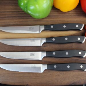 Taylor's Eye Witness Premier 9 Piece Kitchen Knife Wooden Block Set- Paring, All Purpose, Cook's, Santoku, Bread & 4 Steak Knives In Acacia Wood Holder. Full-Tang Triple Rivet. 15 YEAR GUARANTEE