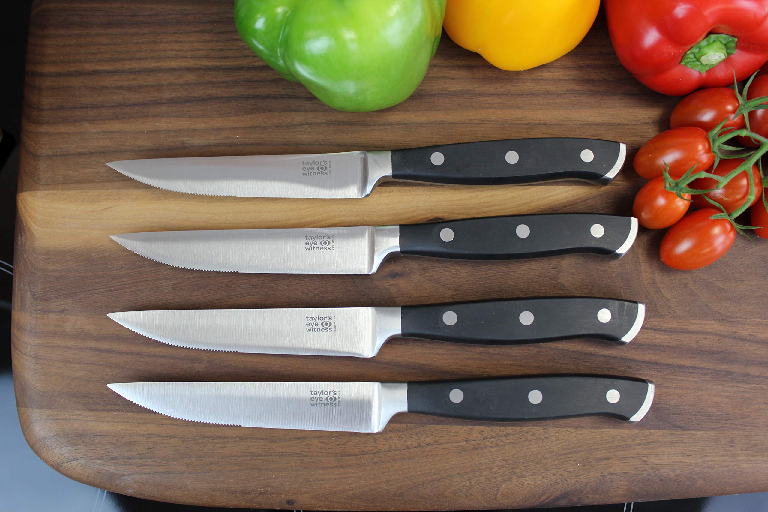 Taylor's Eye Witness Premier 9 Piece Kitchen Knife Wooden Block Set- Paring, All Purpose, Cook's, Santoku, Bread & 4 Steak Knives In Acacia Wood Holder. Full-Tang Triple Rivet. 15 YEAR GUARANTEE