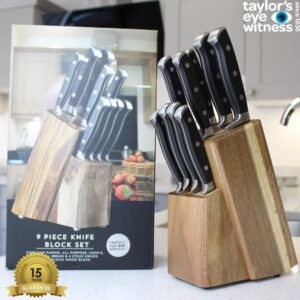 Taylor's Eye Witness Premier 9 Piece Kitchen Knife Wooden Block Set- Paring, All Purpose, Cook's, Santoku, Bread & 4 Steak Knives In Acacia Wood Holder. Full-Tang Triple Rivet. 15 YEAR GUARANTEE