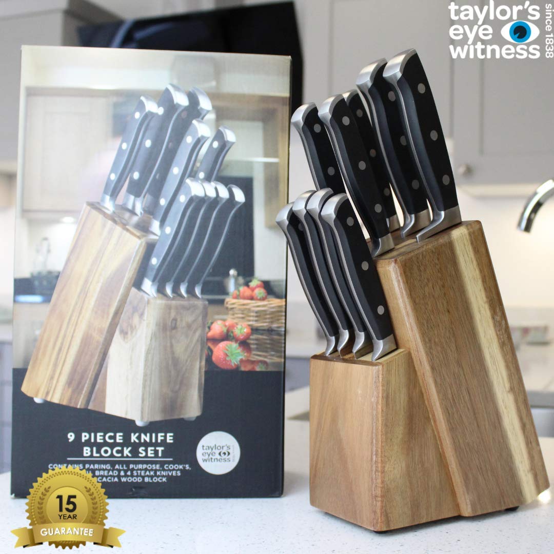 Taylor's Eye Witness Premier 9 Piece Kitchen Knife Wooden Block Set- Paring, All Purpose, Cook's, Santoku, Bread & 4 Steak Knives In Acacia Wood Holder. Full-Tang Triple Rivet. 15 YEAR GUARANTEE