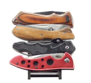 black knife display stand rack holder organizer for 4 pocket knives - holds four folded blades - sits on flat surface