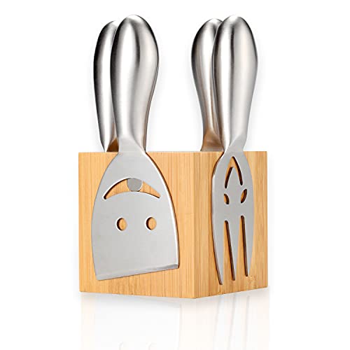 JUBECO The Smiling Face Cheese Knives Set.4 Pieces Stainless Steel Cheese Slicer Cheese Cutter with Wood Bamboo Magnetic Block Stand.