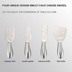 JUBECO The Smiling Face Cheese Knives Set.4 Pieces Stainless Steel Cheese Slicer Cheese Cutter with Wood Bamboo Magnetic Block Stand.