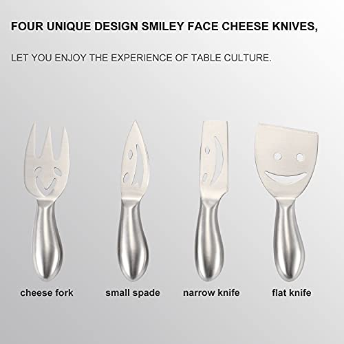 JUBECO The Smiling Face Cheese Knives Set.4 Pieces Stainless Steel Cheese Slicer Cheese Cutter with Wood Bamboo Magnetic Block Stand.