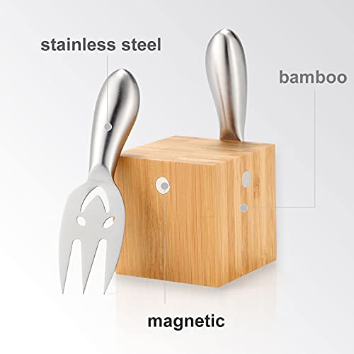 JUBECO The Smiling Face Cheese Knives Set.4 Pieces Stainless Steel Cheese Slicer Cheese Cutter with Wood Bamboo Magnetic Block Stand.