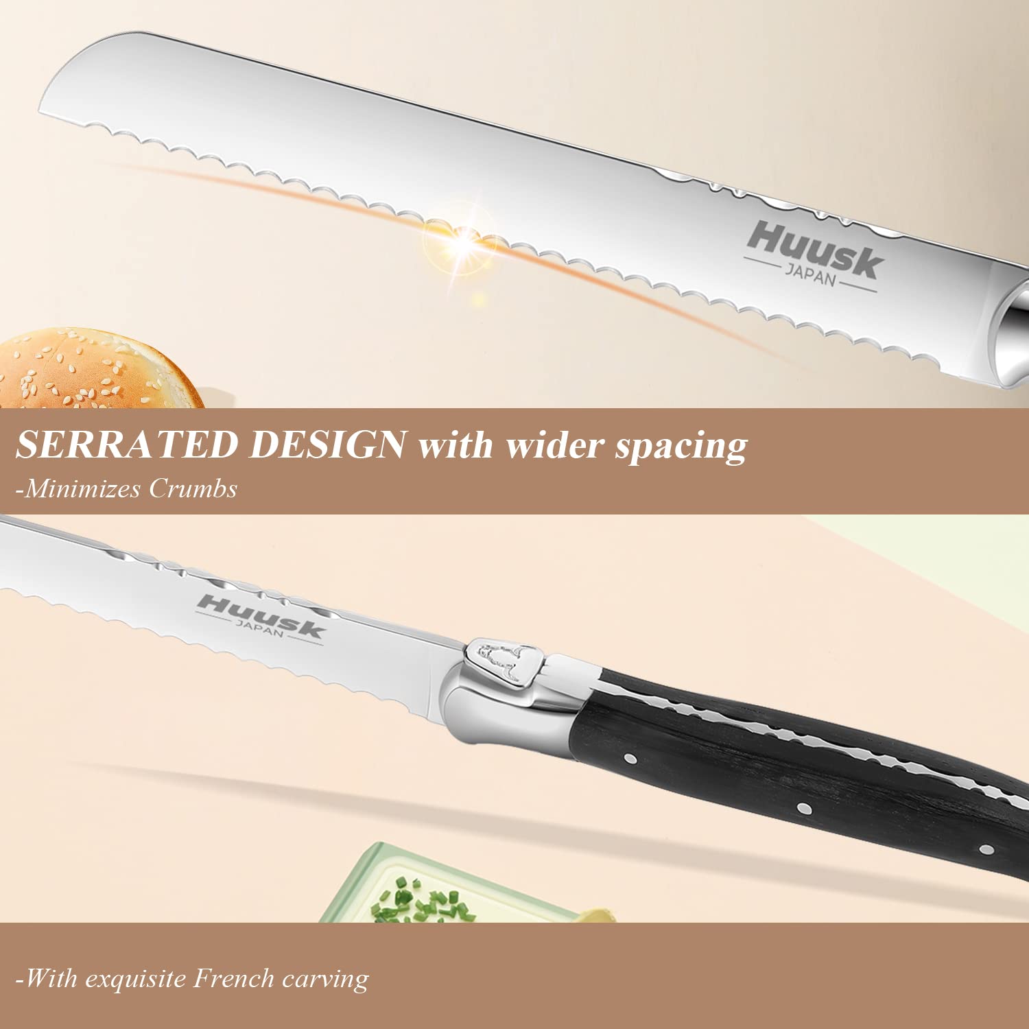 Huusk Chef Serrated Bread Knife for Homemade Bread Bundle with High Carbon Steel Japanese Kitchen Knife