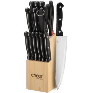 Cheer Collection 13-Piece Stainless Steel Knife Set with Wooden Block | Premium Steak, Paring, Carving, and Butcher Knives with Kitchen Shears | Razor Sharp, Ergonomic Grip