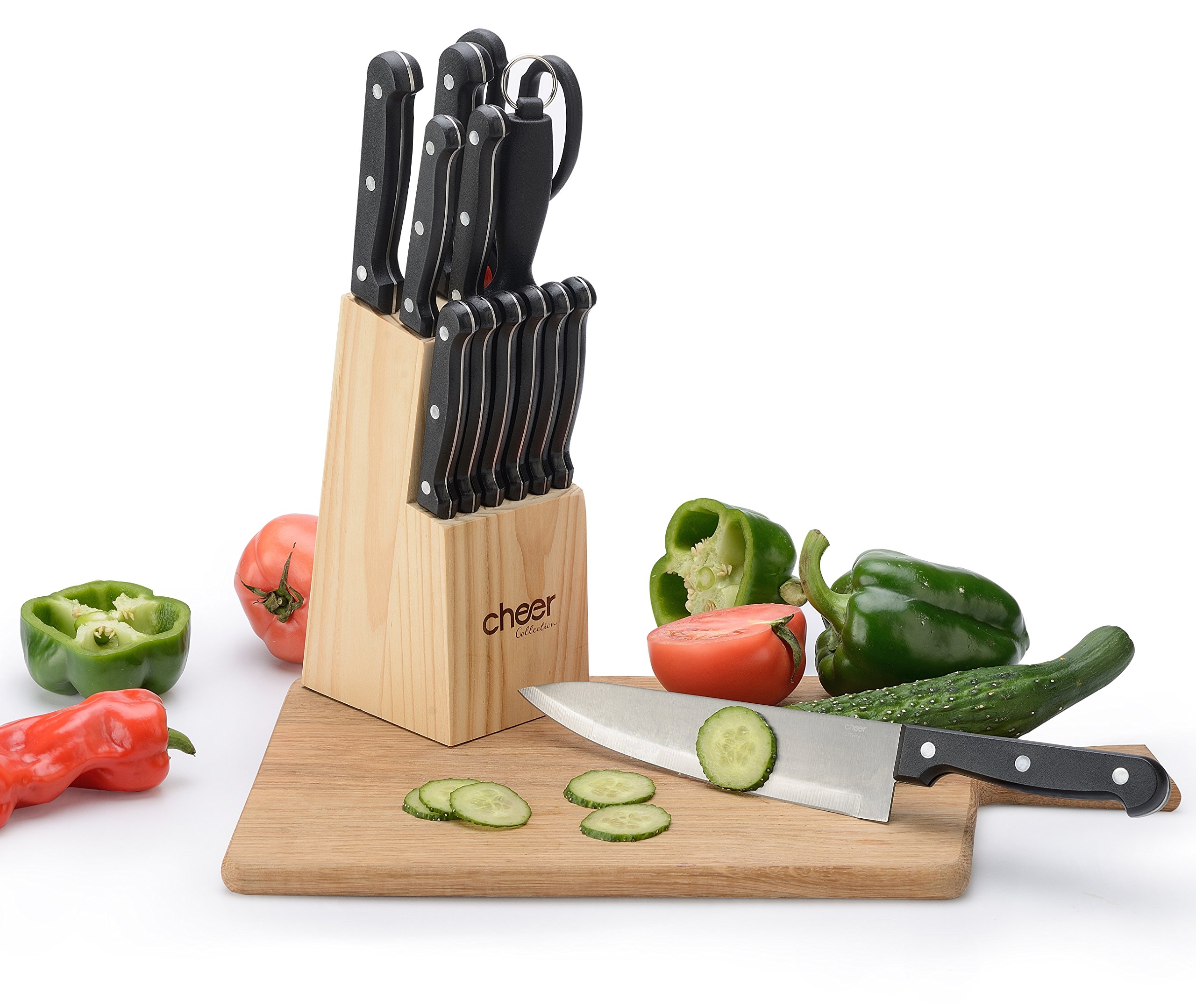 Cheer Collection 13-Piece Stainless Steel Knife Set with Wooden Block | Premium Steak, Paring, Carving, and Butcher Knives with Kitchen Shears | Razor Sharp, Ergonomic Grip