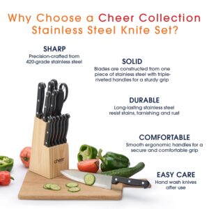 Cheer Collection 13-Piece Stainless Steel Knife Set with Wooden Block | Premium Steak, Paring, Carving, and Butcher Knives with Kitchen Shears | Razor Sharp, Ergonomic Grip