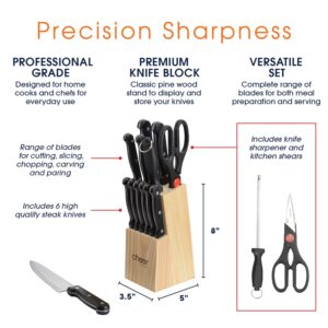 Cheer Collection 13-Piece Stainless Steel Knife Set with Wooden Block | Premium Steak, Paring, Carving, and Butcher Knives with Kitchen Shears | Razor Sharp, Ergonomic Grip