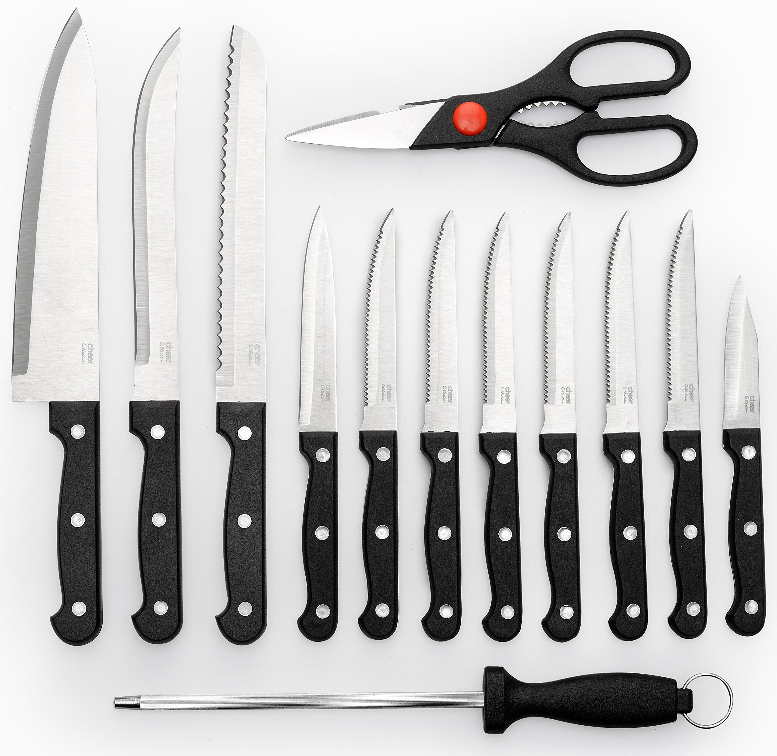 Cheer Collection 13-Piece Stainless Steel Knife Set with Wooden Block | Premium Steak, Paring, Carving, and Butcher Knives with Kitchen Shears | Razor Sharp, Ergonomic Grip