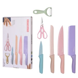 colorful kitchen knives set of 6 pcs cute fruit knife set with gift box,high carbon steel kitchen knife set without block, environmental wheat straw material handle, sharp professional chef knife