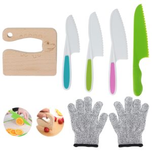 cozymate 6pcs kids wooden and plastic knife set, kids safe knife with wood kids knife resistant gloves cooking knives serrated edges toddler knife kids plastic knife for kitchen children