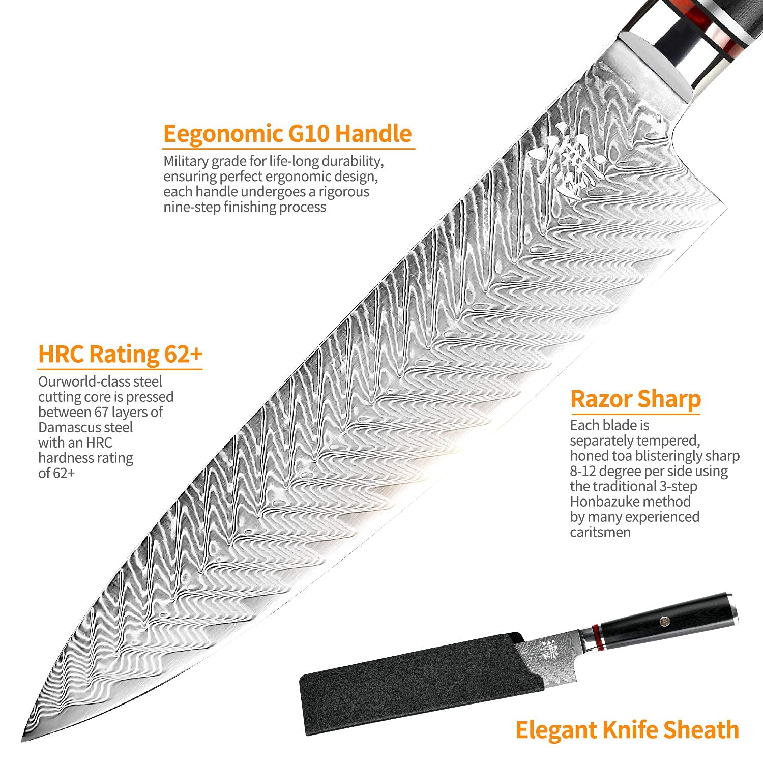 Damascus Chef Knife Japanese Chefs Knife 8 Inch VG10 Kitchen Knife 67-Layer High Carbon Stainless Steel Knife Ergonomic Superb Edge Retention Gyuto Chefs Knives with Gift Box