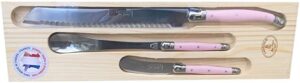 jean dubost 3 piece breakfast set, pink, a long jam spoon, a bread knife, a cheese spreader