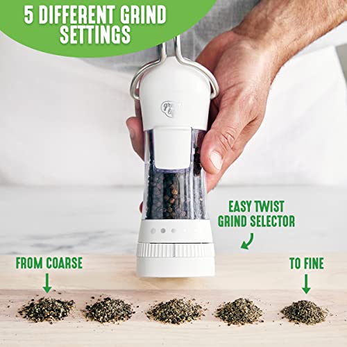 GreenLife Salt and Pepper Grinder, Mess-Free Ratchet Mill, Adjustable Coarseness and Easily Refillable, White 1/3 Cup Capacity