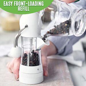 GreenLife Salt and Pepper Grinder, Mess-Free Ratchet Mill, Adjustable Coarseness and Easily Refillable, White 1/3 Cup Capacity