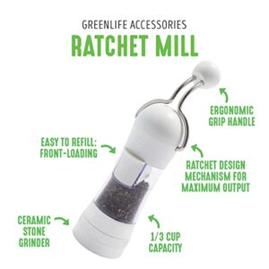 GreenLife Salt and Pepper Grinder, Mess-Free Ratchet Mill, Adjustable Coarseness and Easily Refillable, White 1/3 Cup Capacity