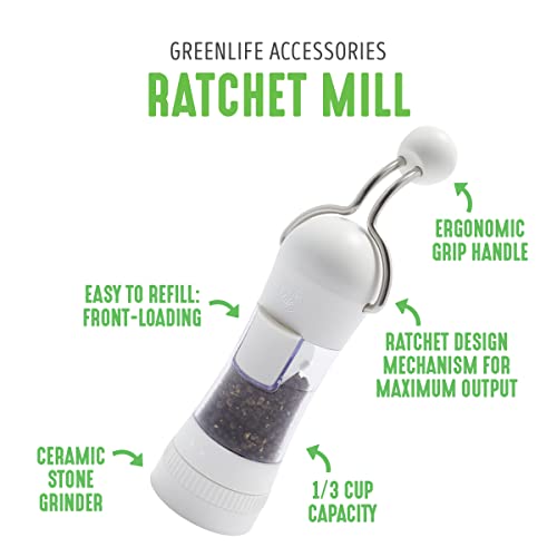 GreenLife Salt and Pepper Grinder, Mess-Free Ratchet Mill, Adjustable Coarseness and Easily Refillable, White 1/3 Cup Capacity