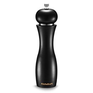 kuchecraft wooden pepper grinder refillable - premium beech wood pepper mill grinder with adjustable ceramic grinder - 8 in manual matte black peppermill