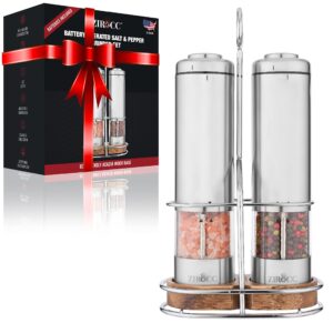 electric salt and pepper grinder set-battery operated stainless steel mill (2)with led light -automatic one-handed operation shaker - acacia wood base ceramic grinders with stand-batteries included