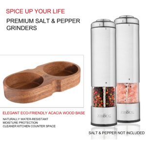 Electric Salt and Pepper Grinder Set-Battery Operated Stainless Steel Mill (2)with led light -Automatic one-handed operation shaker - Acacia Wood base Ceramic Grinders with stand-Batteries INCLUDED