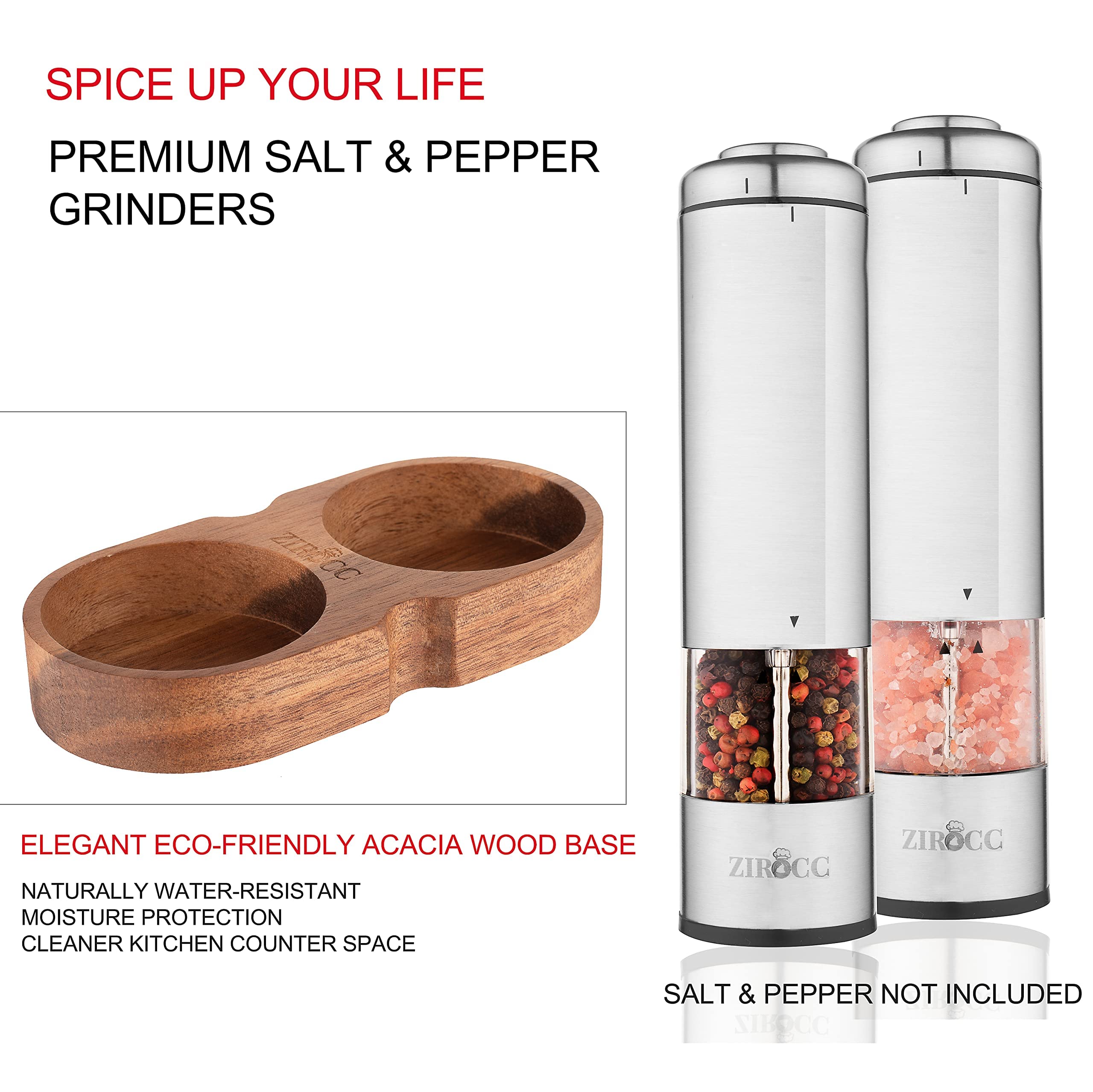 Electric Salt and Pepper Grinder Set-Battery Operated Stainless Steel Mill (2)with led light -Automatic one-handed operation shaker - Acacia Wood base Ceramic Grinders with stand-Batteries INCLUDED